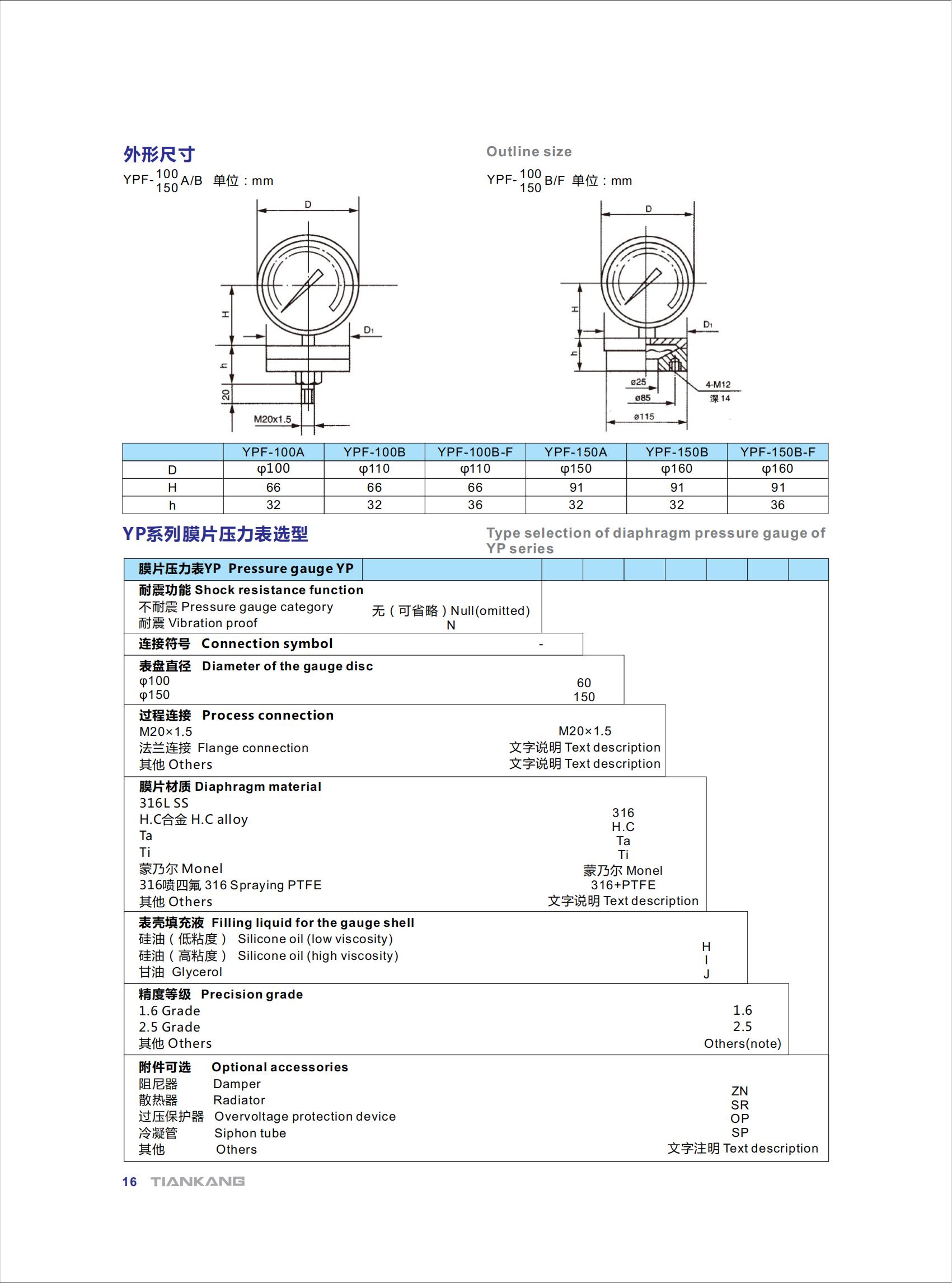 YP系列膜片压力表_安徽天康
